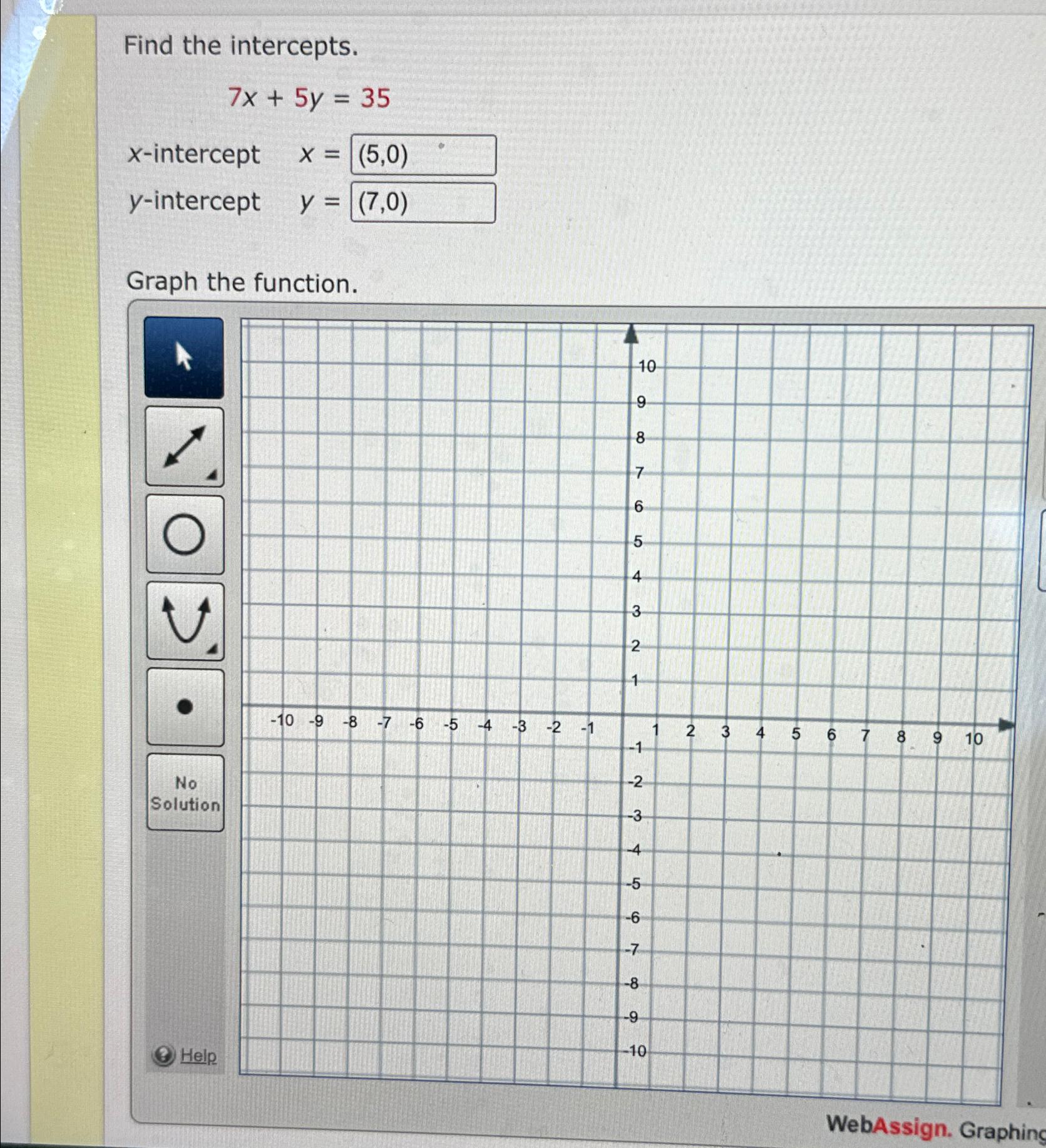 Solved Find the intercepts.7x+5y=35x-intercept | Chegg.com