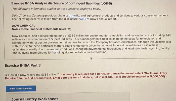 Solved Exercise 8-16A Analyze disclosure of contingent | Chegg.com