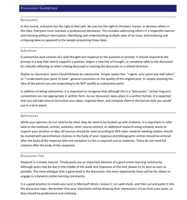 Discussion Guidelines Netiquette In this course, | Chegg.com