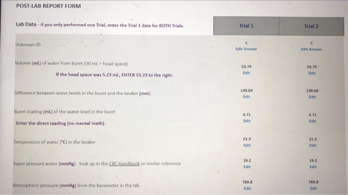 Solved POST-LAB REPORT FORM Lab Data - If you only performed | Chegg.com