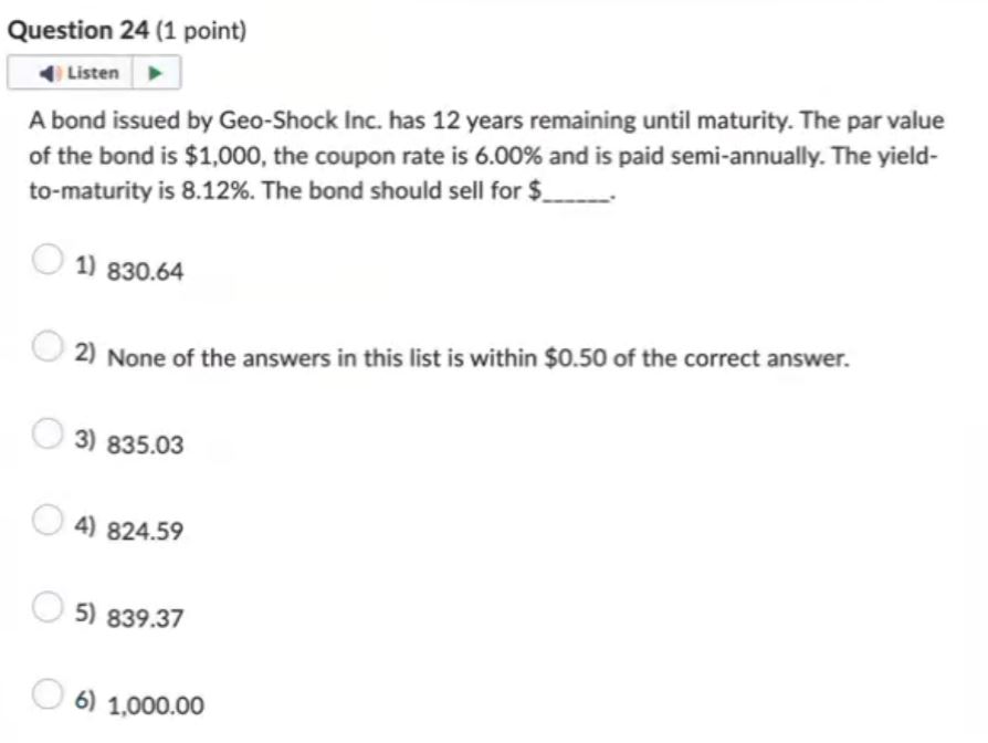 Solved Question 24 (1 ﻿point)A bond issued by Geo-Shock Inc. | Chegg.com