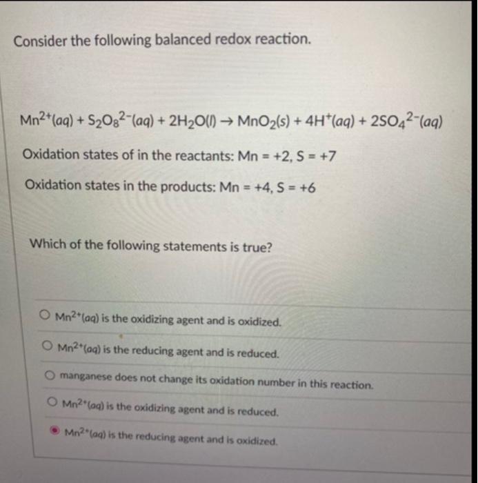 Solved Consider the following balanced redox reaction. | Chegg.com