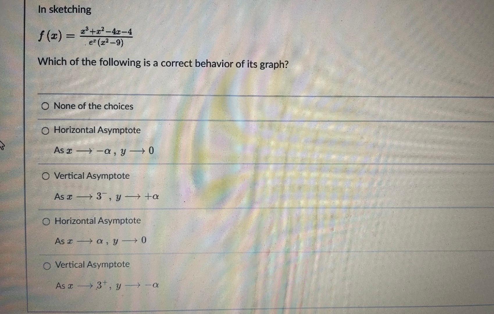 Solved In sketching f(x)=ex(x2−9)x3+x2−4x−4 Which of the | Chegg.com