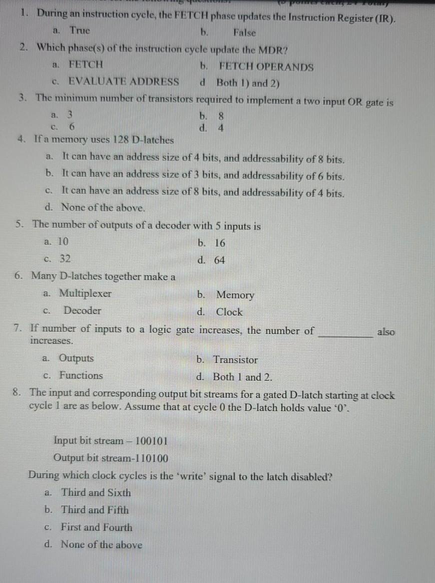 Solved C. c. 1. During an instruction cycle, the FETCH phase | Chegg.com