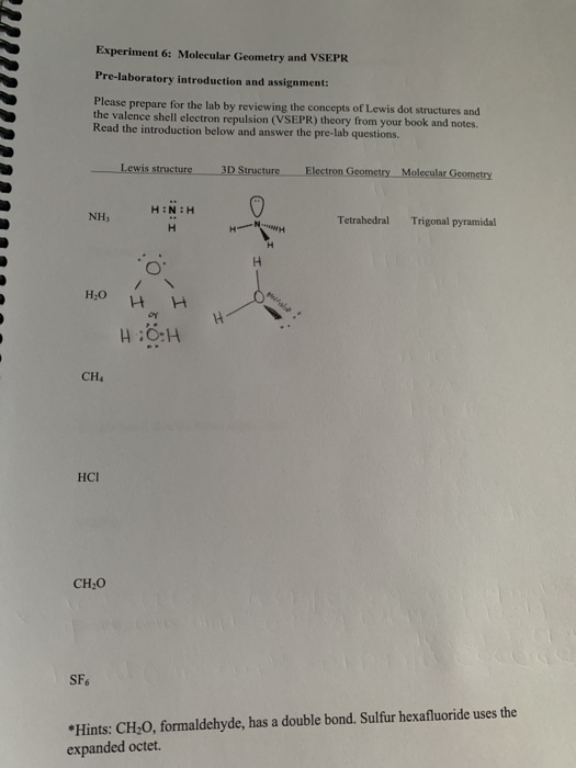 Solved NIE Experiment 6: Molecular Geometry and VSEPR | Chegg.com