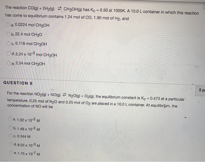 Solved The reaction CO(g) + 2H2(g) = CH3OH(g) has Kc = 0.50 | Chegg.com