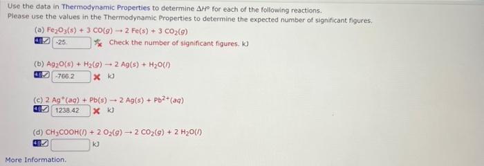 Solved Use the data in Thermodynamic Properties to determine | Chegg.com
