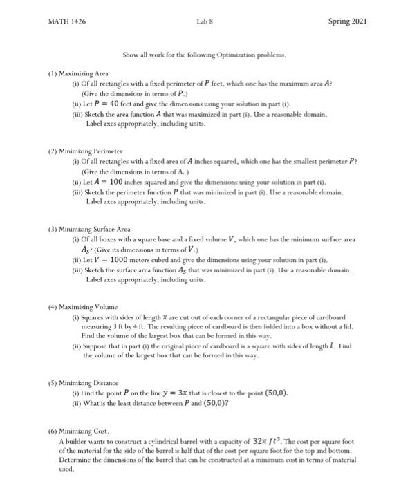 Solved MATH 1426 Lab 8 Spring 2021 Show all work for the | Chegg.com
