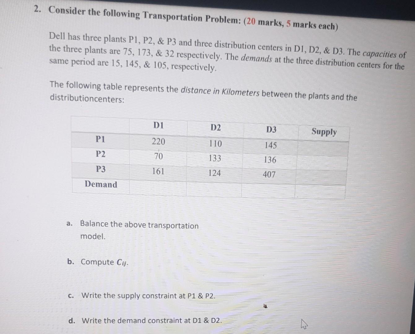 Solved 2. Consider the following Transportation Problem: (20 | Chegg.com