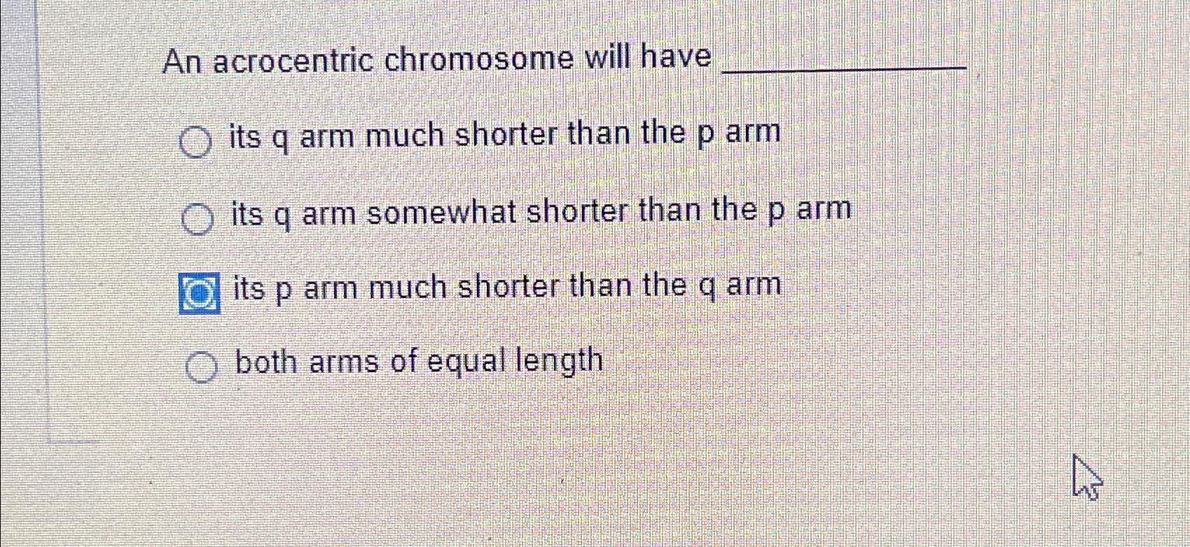 Solved An acrocentric chromosome will have its q ﻿arm much | Chegg.com