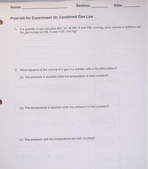 Solved Name: Section: Date: Post-lab for Experiment 10: | Chegg.com