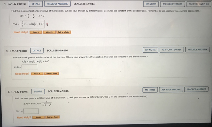 Solved 4. O/1.42 Points] DETAILS PREVIOUS ANSWERS SCALCET8 | Chegg.com
