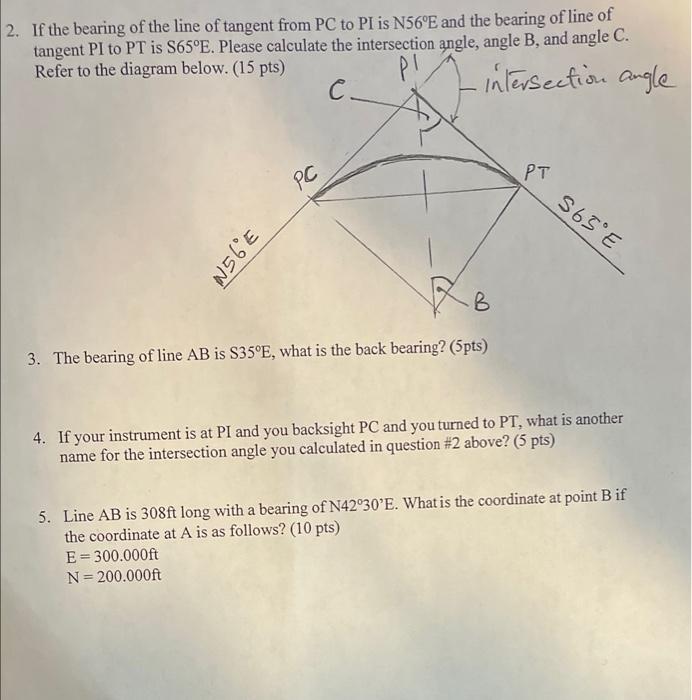 Solved If the bearing of the line of tangent from PC to PI | Chegg.com