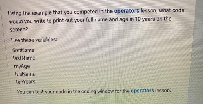 Solved Using the example that you competed in the operators | Chegg.com