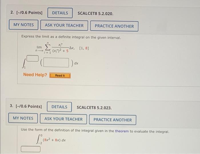 Solved 2. [-/0.6 Points] DETAILS SCALCET8 5.2.020. MY NOTES | Chegg.com