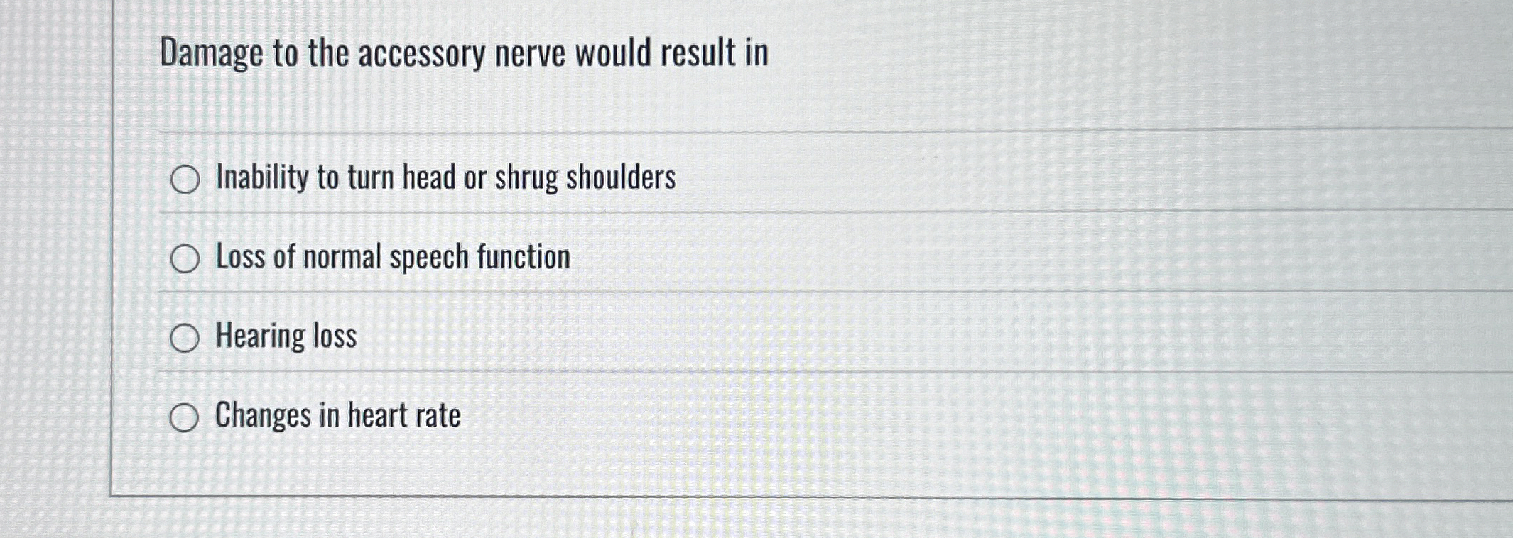 Solved Damage to the accessory nerve would result | Chegg.com