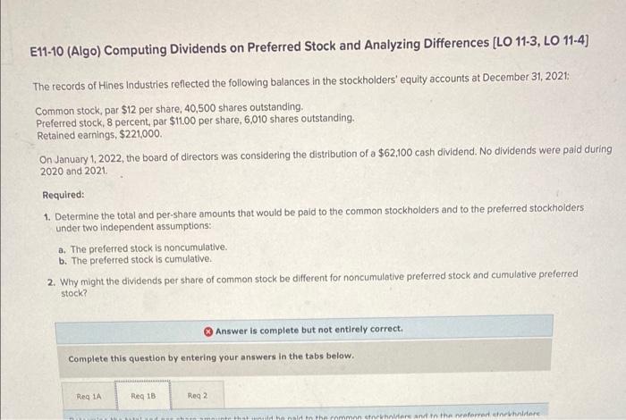 Solved E11-10 (Algo) Computing Dividends on Preferred Stock | Chegg.com