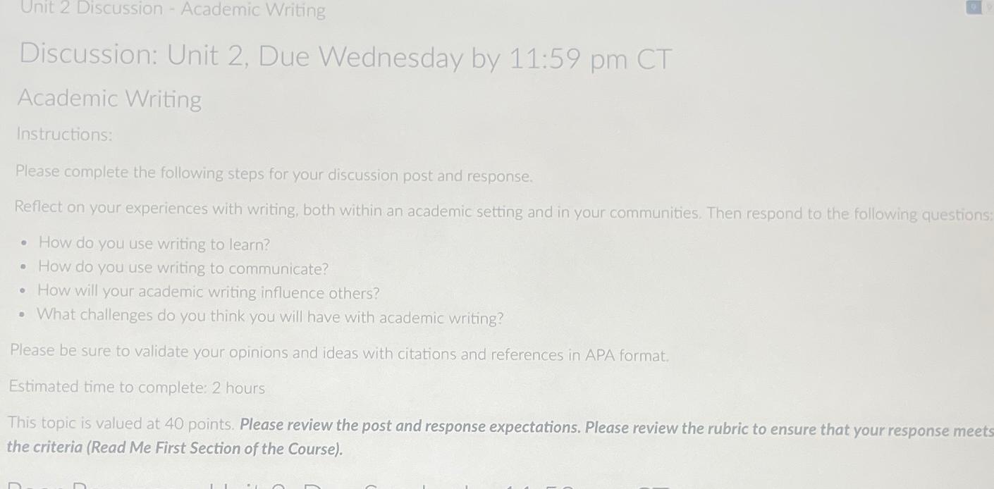 Solved Unit 2 ﻿Discussion - ﻿Academic WritingDiscussion: | Chegg.com