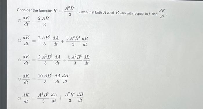 Solved Consider the formula: K=3A2B5. Given that both A and | Chegg.com