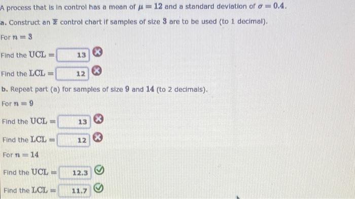 Solved A process that is in control has a mean of μ=12 and a | Chegg.com