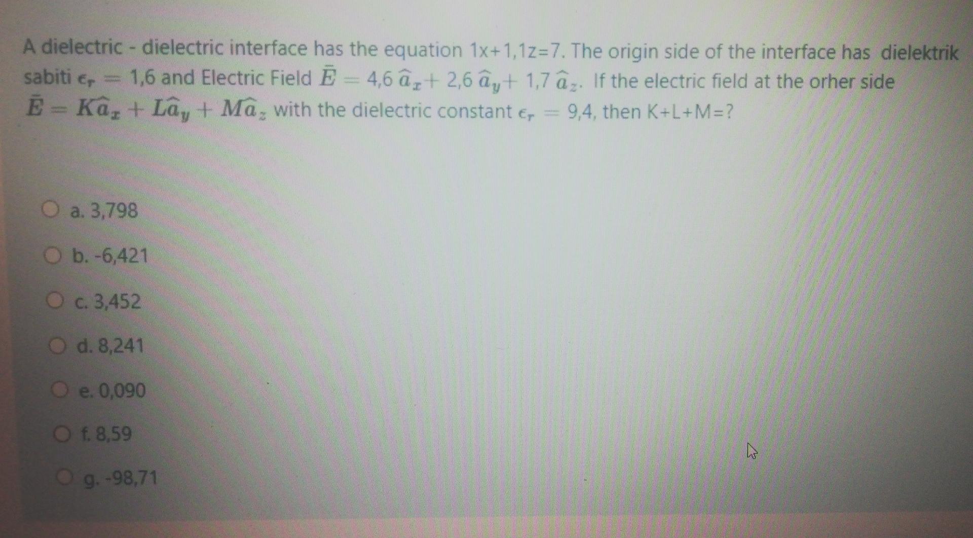 Solved A dielectric - dielectric interface has the equation | Chegg.com