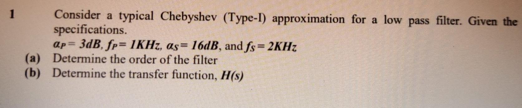 Solved 1 Consider a typical Chebyshev (Type-I) approximation | Chegg.com