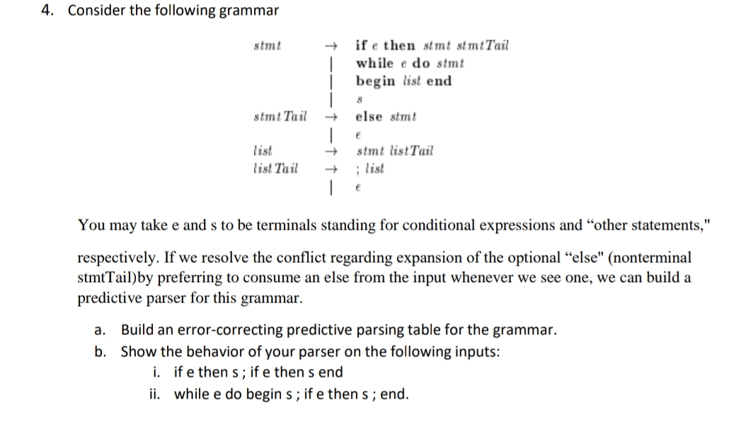 Solved Consider the following grammarYou may take e and s to | Chegg.com