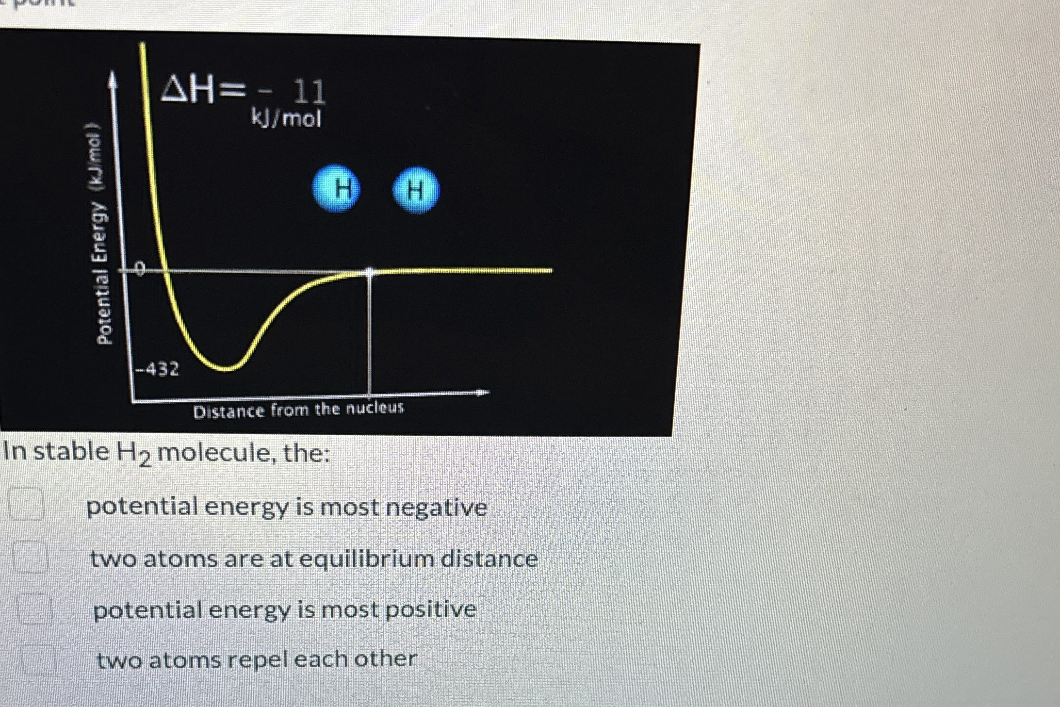 Solved In stable H2 ﻿molecule, the:potential energy is most | Chegg.com