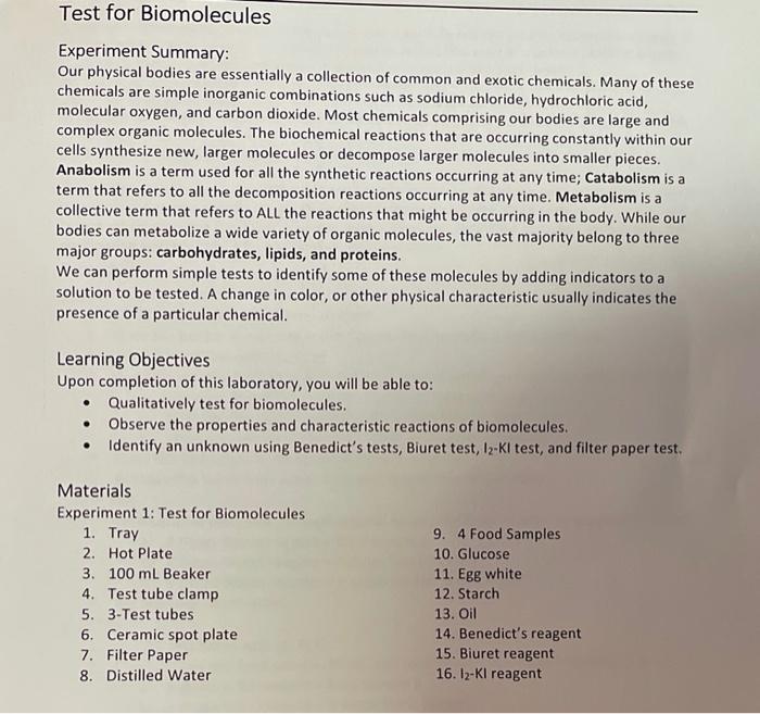 Solved Test for Biomolecules Experiment Summary: Our | Chegg.com