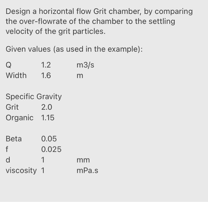 Solved Design a horizontal flow Grit chamber, by comparing | Chegg.com