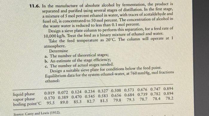 Solved 11.6. In the manufacture of absolute alcohol by | Chegg.com