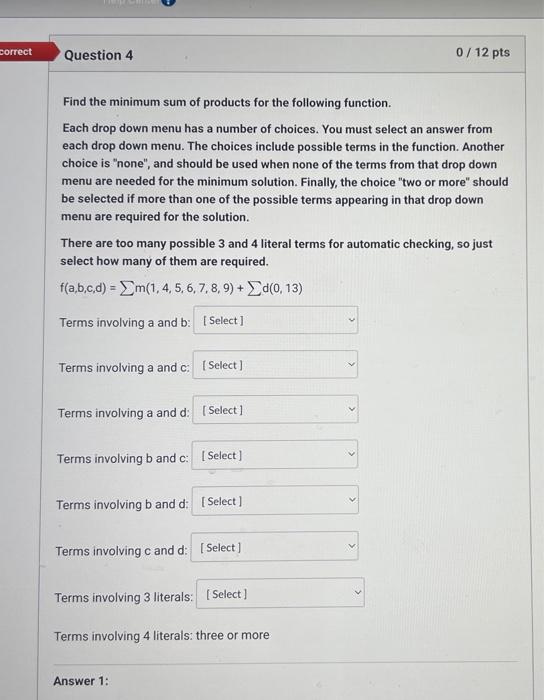 Find the minimum sum of products for the following | Chegg.com