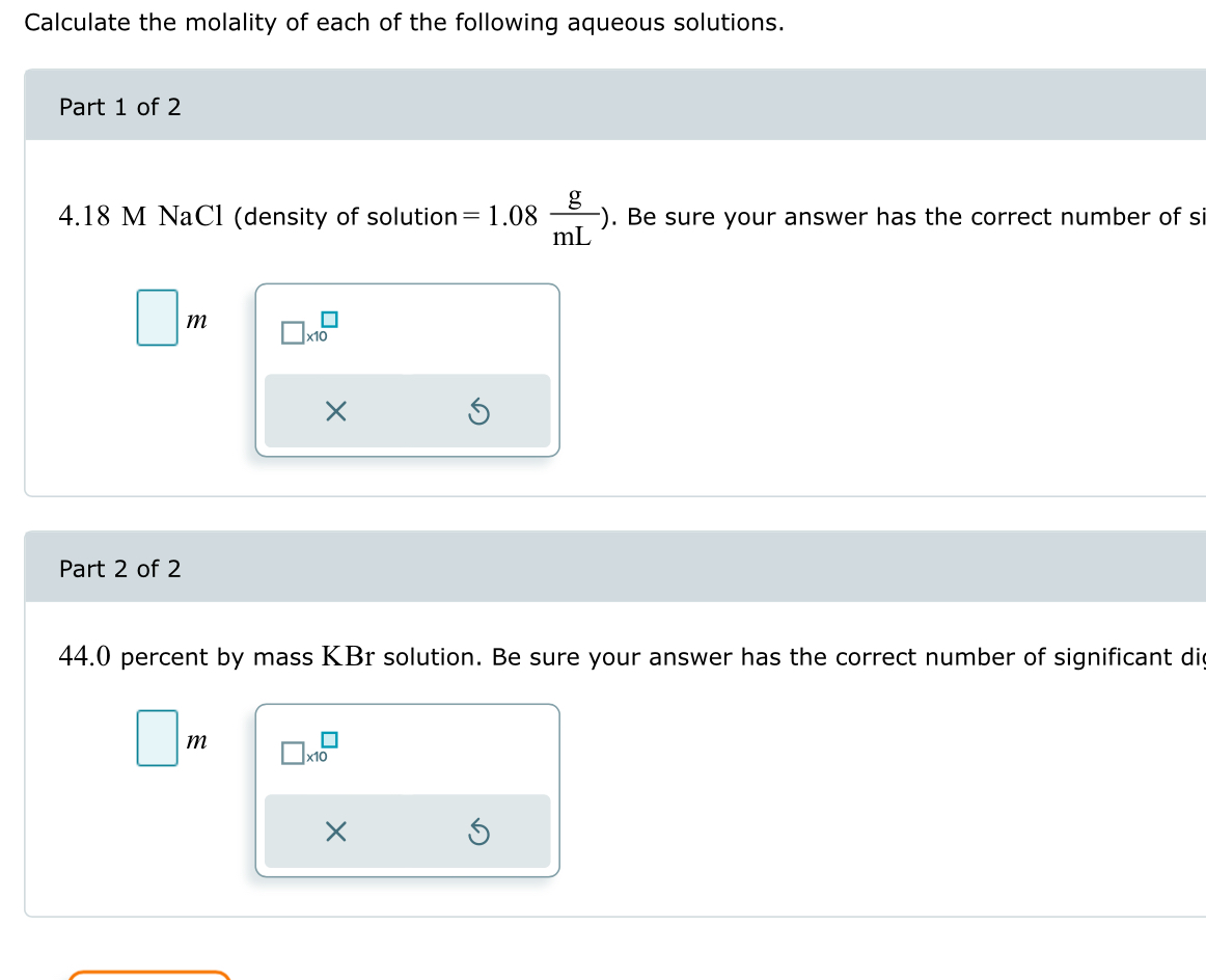 Solved Calculate the molality of each of the following | Chegg.com