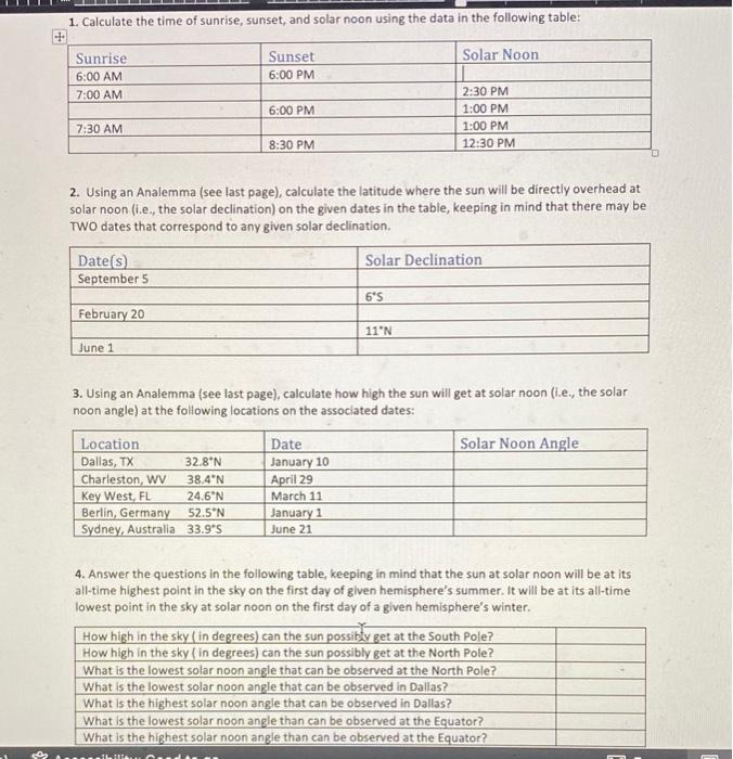 Solved 1. Calculate the time of sunrise, sunset, and solar | Chegg.com