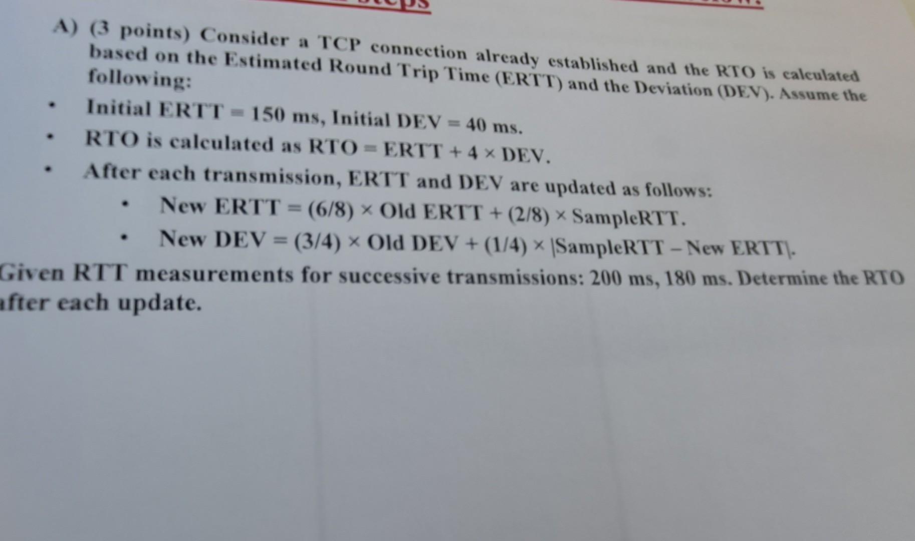 Solved A) (3 points) Consider a TCP connection already | Chegg.com