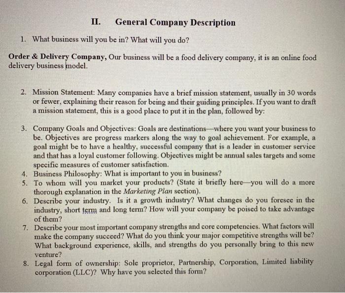 Solved II. General Company Description 1. What business will | Chegg.com