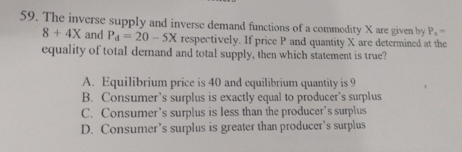 Solved The inverse supply and inverse demand functions of a | Chegg.com