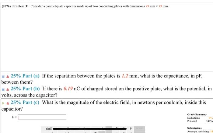 Solved (20\%) Problem 3: Consider a parallel-plate capacitor | Chegg.com