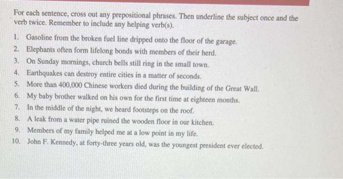 For each sentence, cross out any prepositional | Chegg.com