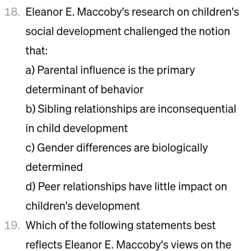 Eleanor E. ﻿Maccoby's research on children's social | Chegg.com