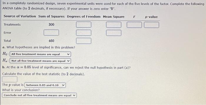 Solved In a completely randomized design, seven experimental | Chegg.com