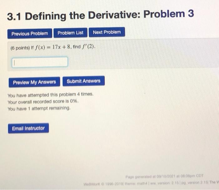 Solved 3.1 Defining the Derivative: Problem 3 Previous | Chegg.com