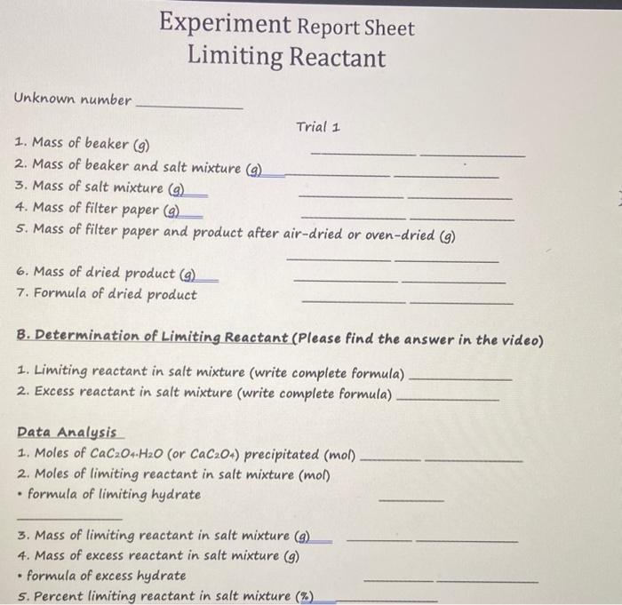 Solved Experiment 8: Limiting Reagent 1,190 views • May 31, | Chegg.com