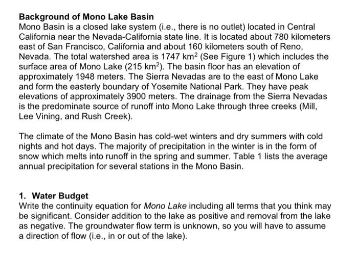 Solved Background of Mono Lake Basin Mono Basin is a closed | Chegg.com