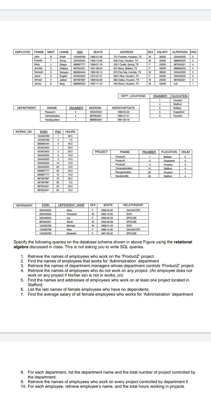 Solved DEPT_LOCATIONS Specify the following queries on the | Chegg.com