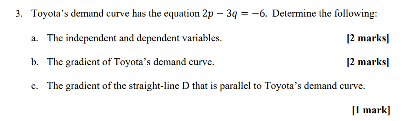 Solved Toyota's demand curve has the equation 2p-3q=-6. | Chegg.com