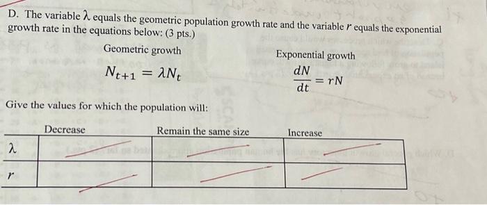 Solved D. The variable λ equals the geometric population | Chegg.com