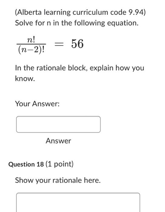 Solved (Alberta learning curriculum code 9.94) Solve for n | Chegg.com