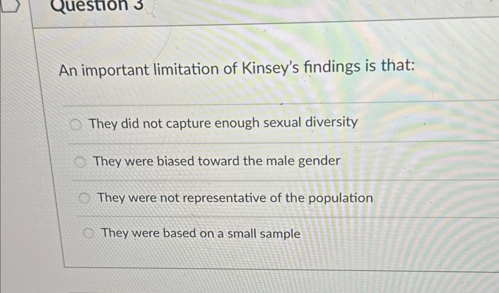Solved An important limitation of Kinsey's findings is | Chegg.com