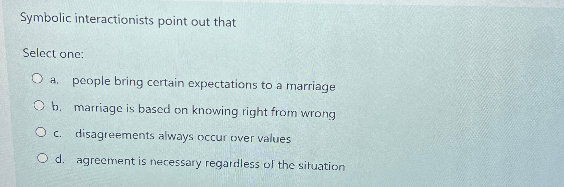 Solved Symbolic interactionists point out thatSelect one:a. | Chegg.com